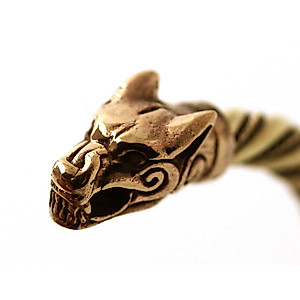 LynnAround Bronze Norse Nordic Viking Fenrir Wolf Head Twisted Cable Bangle Cuff Bracelet Arm Ring Pagan Jewelry (8 Inches)