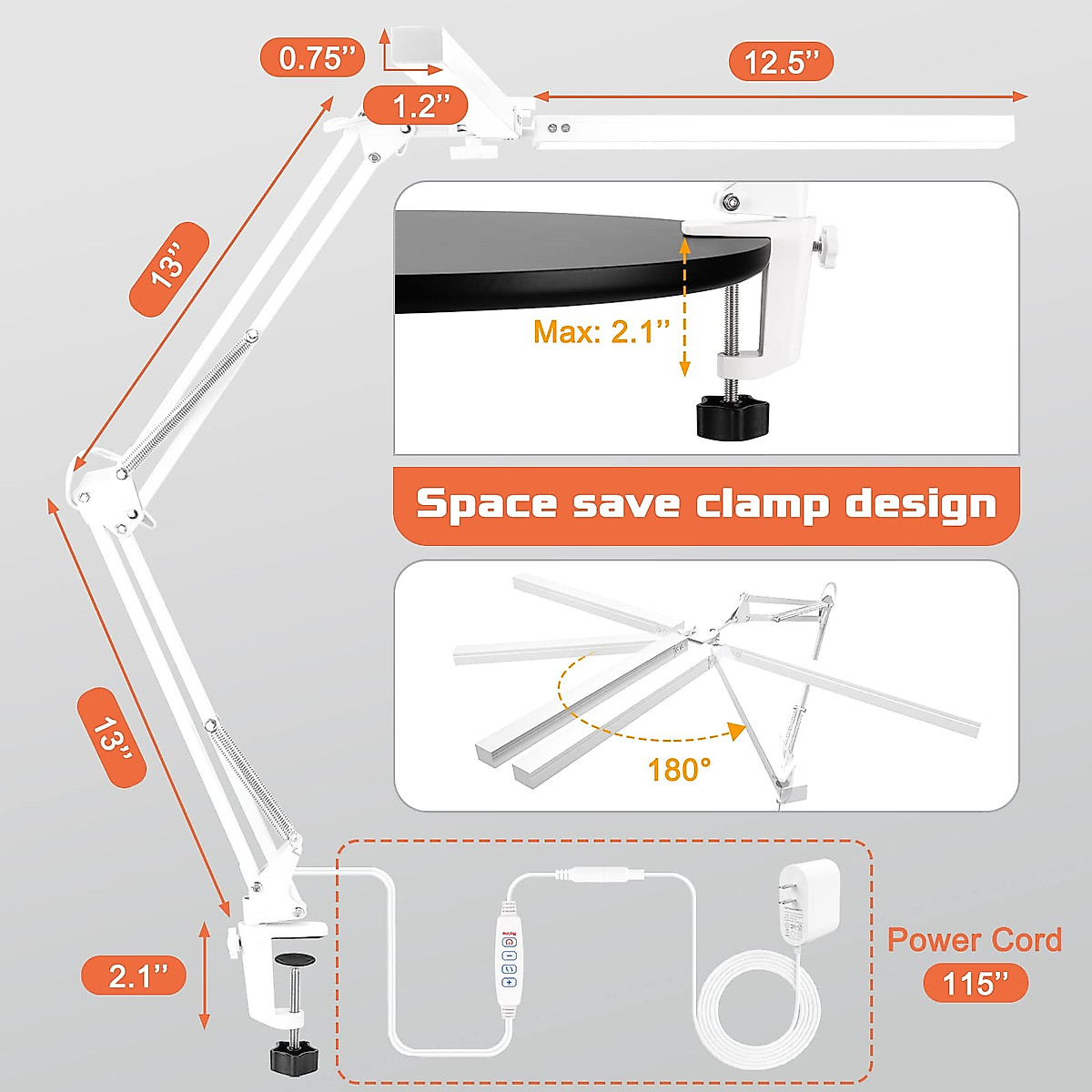 Lanhado LED Desk Lamp with Clamp, Architect Desk Lamps for Home Office, 24W Swing Arm LED Desk Light, Eye-Caring White Desk Lamp, 3 Lighting 10 Brightness Adjustable Desk Lamp for Read/Relax/Work