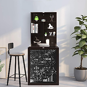 Tangkula Folding Wall Mounted Desk, Floating Desk with Chalkboard, Space Saving Fold Up Desk Wall Mounted Convertible Desk, Wall Mounted Table with Storage Shelves & Hooks (Espresso)