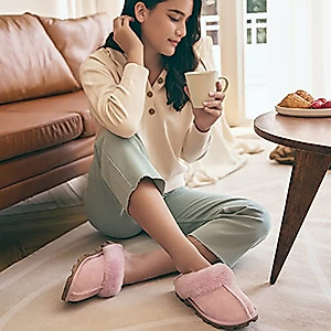 WaySoft Genuine Australian Sheepskin Women Slippers, Water-Resistant Warm and Fluffy Outdoor House Slippers for Women (8, Pink, numeric_8)