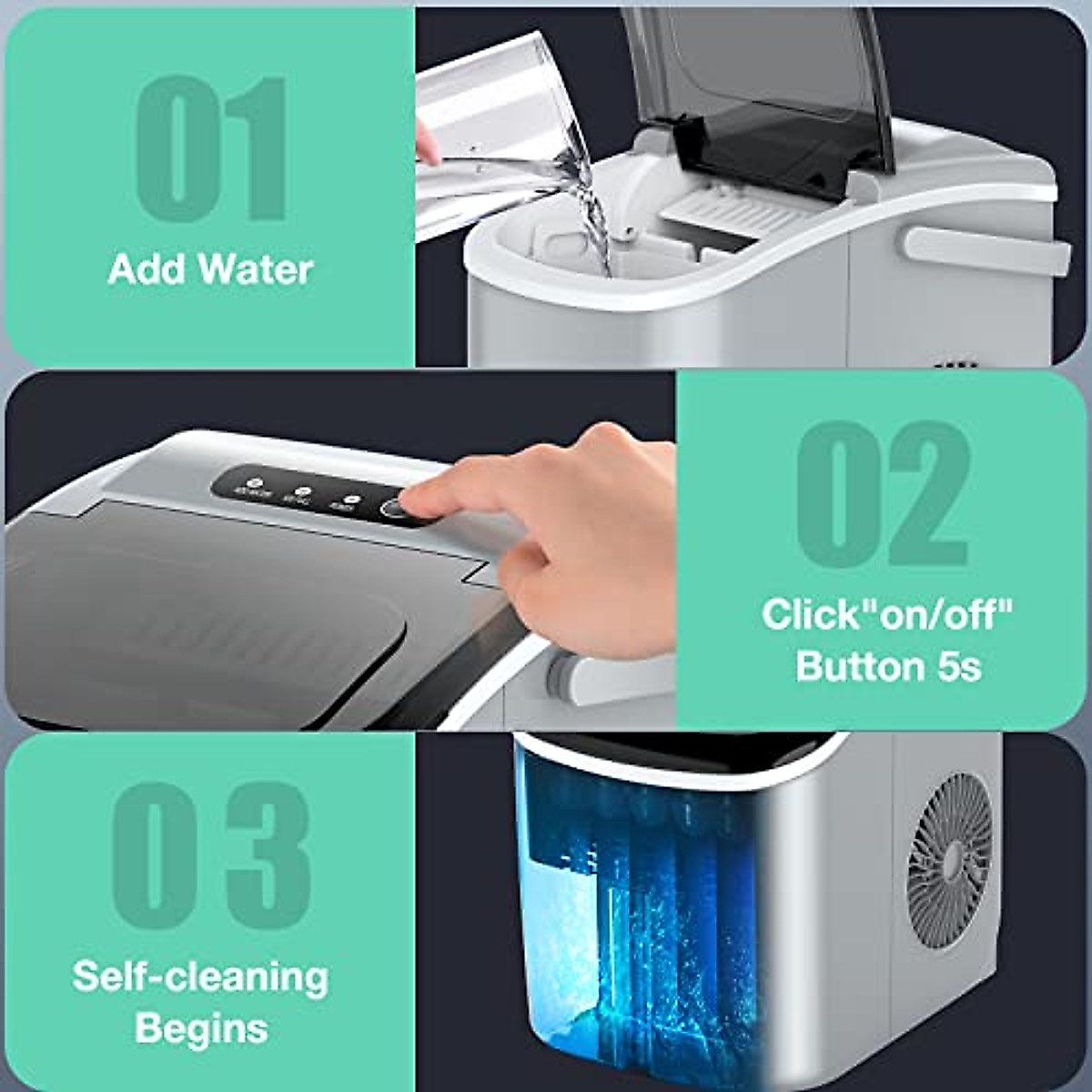 Ice Maker Countertop, Fast Ice Making in 6 Mins 9 Bullet-Shaped Ice, 26.5lbs/24Hrs, Portable Ice Maker Machine with Self-Cleaning, Scoop, Bags and Basket, for Home/Kitchen/Office/Bar/Party