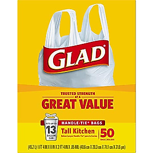 GLAD Tall Kitchen Trash Bags, 13 Gallon Handle Tie Trash Big for Kitchen, Unscented, 50 Count (Pack of 4)