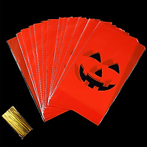 50 Pieces Halloween Favor Bags Pumpkin Smile Pattern Flat Cellophane Treat Bags Halloween Plastic Party Bags for Bakery, Popcorn, Cookies, Candies and Dessert with 100 Pieces Gold Twist Ties