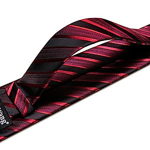 Barry.Wang Stripe Men Ties Set Classic WOVEN Necktie with Handkerchief Cufflinks Formal Black Red