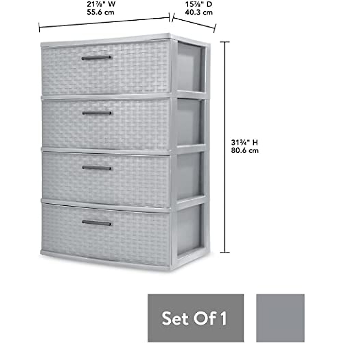 4 Drawer Wide Weave Storage Tower with Driftwood Handles,Organizer Storage Tower for Closet, Bedroom, Entryway, White (Cement)