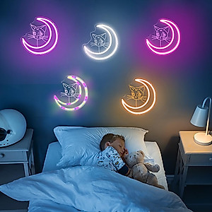 JXIN Moon Neon Sign, Adorable Anime-Inspired Luna Cat Moon Light for Girl's Teen Room Wall Decor, Kawaii Gamer Room, Birthday Decorations