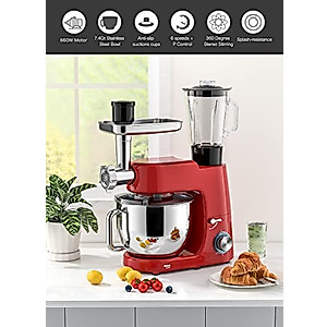 Stand Mixer, 6 IN 1 Multifunctional Electric Kitchen Mixer 660W 6 Speed with 7.4QT Stainless Steel Bowl, 1.5L Glass Jar, Meat Grinder, Dough Hook, Whisk, Beater, Sausage Kit, Food Mixer for Baking