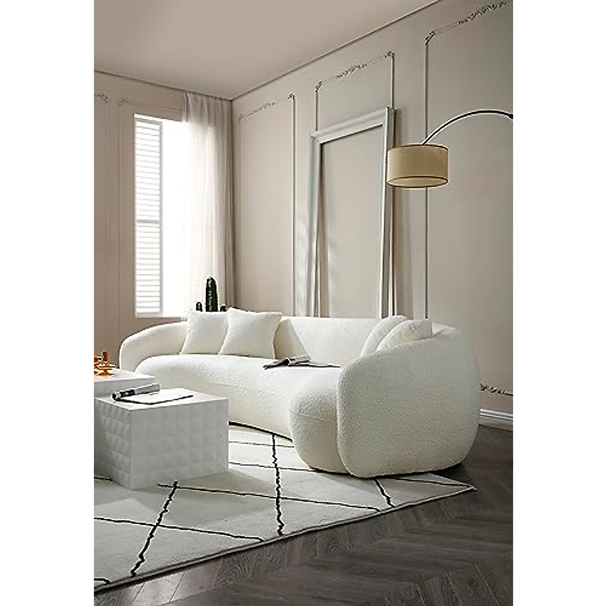 5-Seater Boucle Upholstered Curved Cloud Sofa, Luxury Half Moon Leisure Couch, Oversized Teddy Fleece Modular Sectional Sofa&Couches with Throw Pillows for Living Room, Apartment