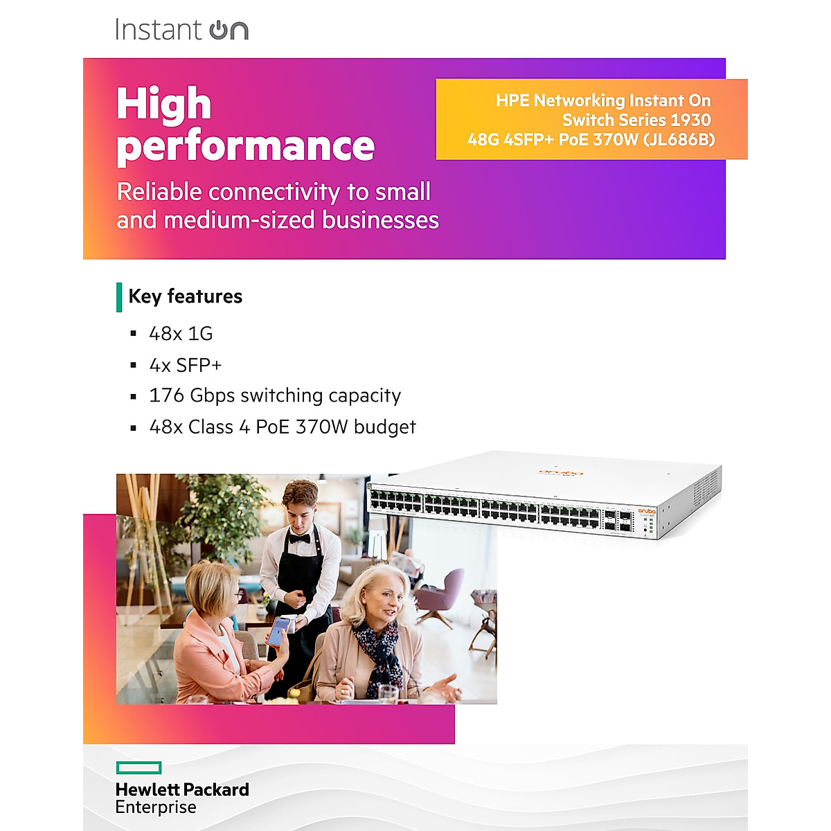 HPE Networking Instant On Switch Series 1930 48-Port Gb Smart-Managed Layer 2+ Ethernet Switch with PoE | 48x 1G | 4X SFP+ | 48x CL4 PoE 370W | US Cord (JL686B#ABA)