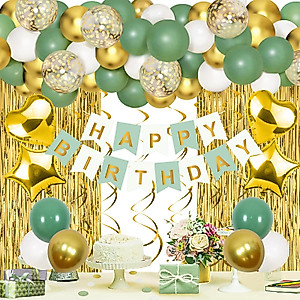 Sage Green Birthday Party Decorations, Balloon Garland Arch Kit, Happy Birthday Banner, Shiny Fringe Curtain, Heart Star Foil Balloons, Hanging Swirls, Baby Shower Birthday Party Supplies