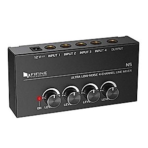 FIFINE Ultra Low-Noise 4-Channel Line Mixer for Sub-Mixing,4 Stereo Channel Mini Audio Mixer with AC adapter.Ideal for Small Club or Bar. As Microphones,Guitars,Bass,Keyboards or Stage Sub Mixer-N5