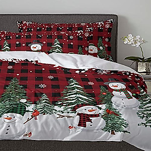 Full Comforter Cover Set - Soft and Breathable Bedding Sets, Red Buffalo Check Snowman and Christmas Pine Tree Winter Holiday 3 Pieces Light Weight Bed Sets with 1 Duvet Cover and 2 Pillowcases