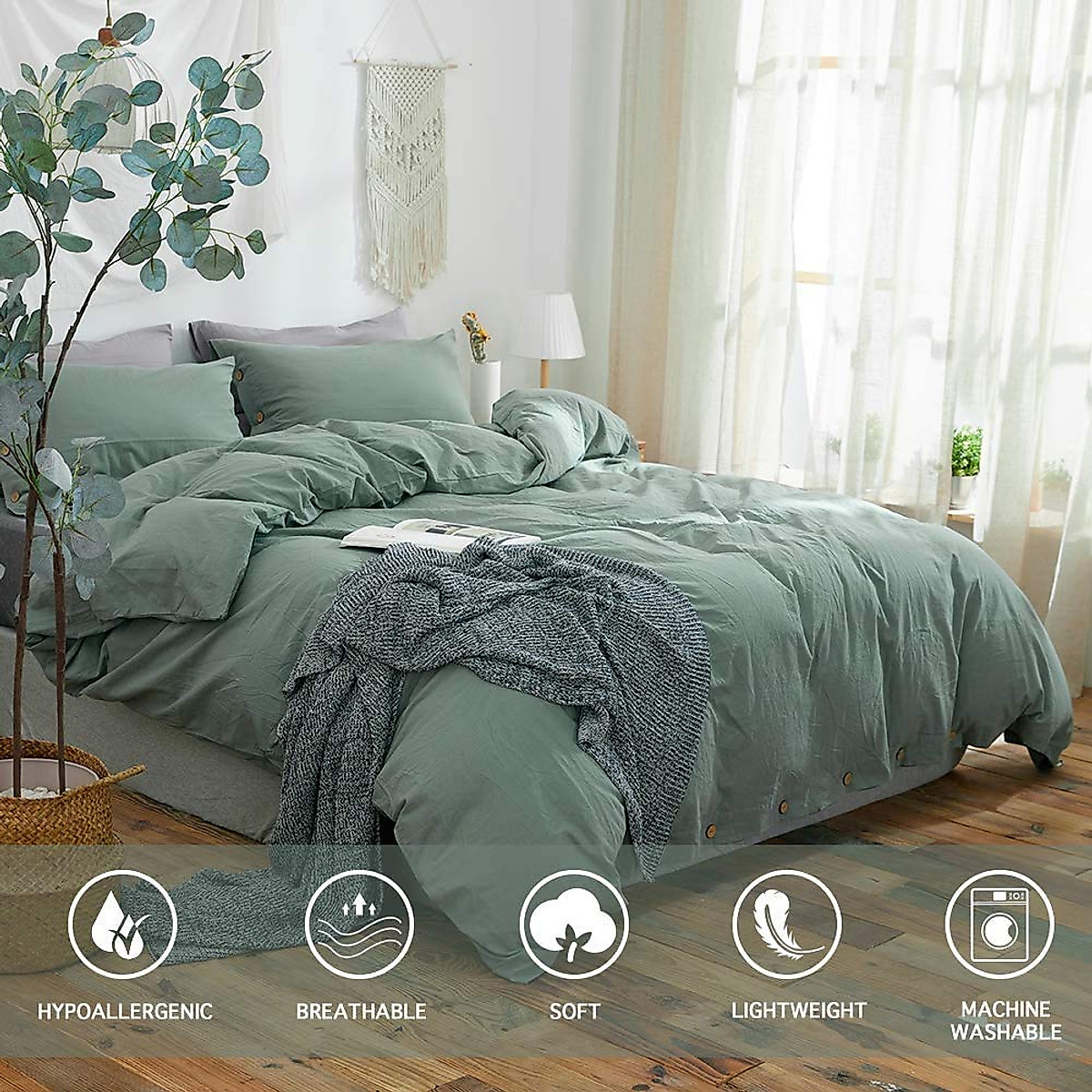 TanNicoor 100% Washed Cotton Duvet Cover Queen Size (90x90 Inch), 3 Pieces (1 Sage Green Duvet Cover + 2 Pillowcases) Soft, Cooling, Breathable Comforter Cover Set with Buttons Closure, Corner Ties