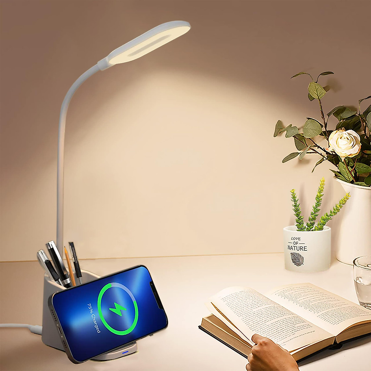 Gokkodo LED Desk Lamp, Cell Phone Wireless Charging Desk Lamp, Pen Holder Desk Lamp, 10W Dimmable.