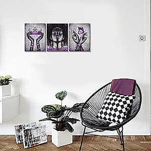 Kalormore Fashion African American Woman Painting Giclee Canvas Prints Elegant Black Girl with Purple Accessories Picture Poster Gallery Wrapped Artwork for Bedroom Makeup Room Decoration