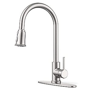 Kitchen Faucet, REXMEO Premium with 9 Min Installation Kitchen Sink Faucet with Pull Down Sprayer for Kitchen Sink, Three Mode Single-Handle High Arc Brushed Nickel Stainless Steel Faucet Space Silver