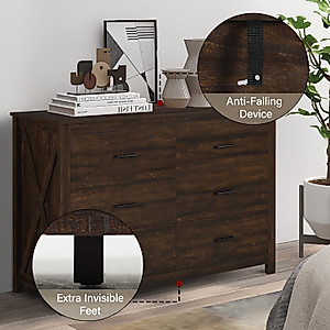 LTMEUTY Dresser for Bedroom - Wooden Dresser with 6 Drawers, Double Dresser, Oak Storage Drawer Cabinet, Chest of Drawer, Farmhouse Bedroom Furniture, Brown