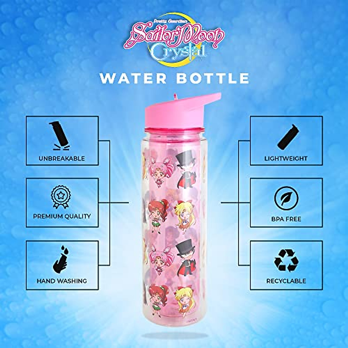 JUST FUNKY Sailor Moon Crystal Chibi Water Bottle –16oz Plastic Travel Container for Joining The Sailor Guardians Against Dark Forces Officially Licensed