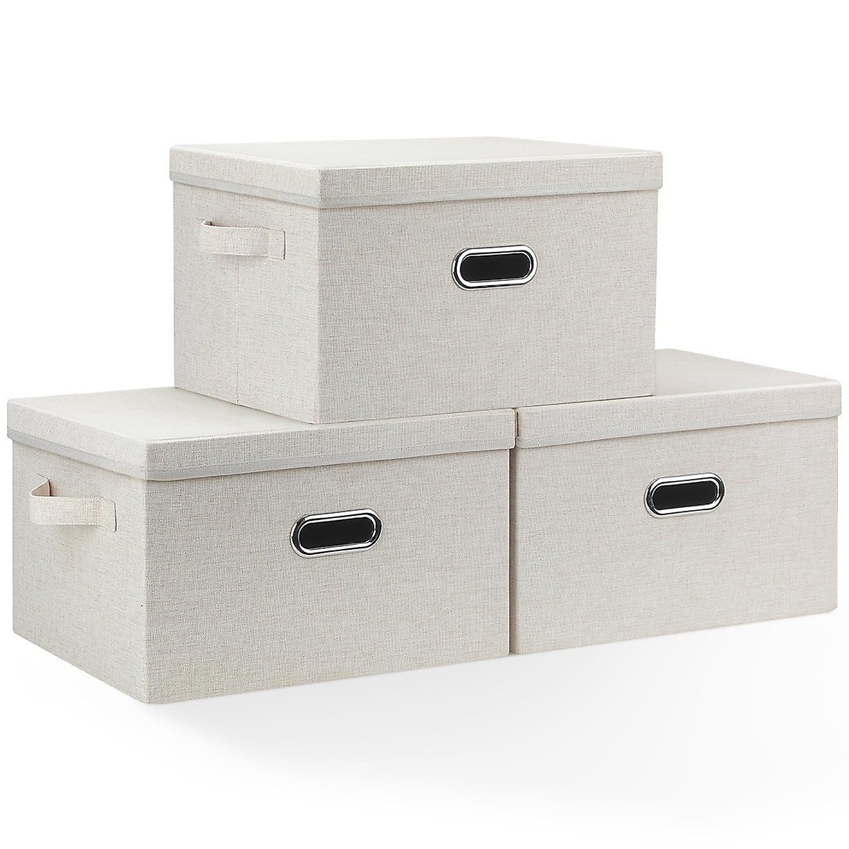 Bellzacasa Collapsible Storage Bins with Lids, 3 Pack Linen Fabric Foldable Storage Bin Cube with Handles, Storage Baskets Box Closet Organizers and Storage Containers, Beige, 14.6x10.5x8.5