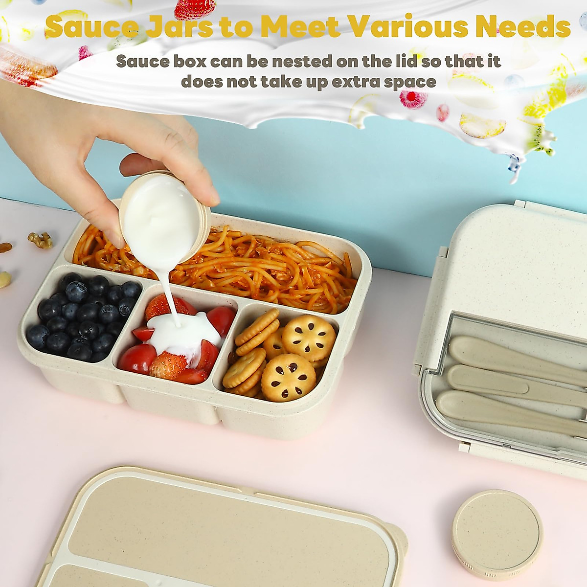 danliar Bento Lunch Box for Kids, Wheat Straw 5.5 Cups Leakproof Adult Bento Box with 2 Sauce Jars, 4 Compartments Lunchable Snack containers, Utensils, Microwave & Dishwasher Safe (Wheat Straw Beige)