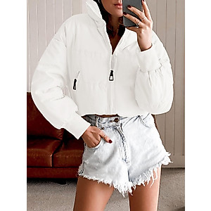 MEROKEETY Women's Winter Cropped Puffer Jacket Long Sleeve Oversized Stand Collar Zip-Up Short Down Coat