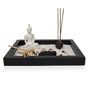 Japanese Mini Zen Garden Sand Box Kit with Incense Holder and White Miniature Buddha Statue - Zen Decor for Relaxation and Meditation - Home Decor, Office Accessory, Gift Set