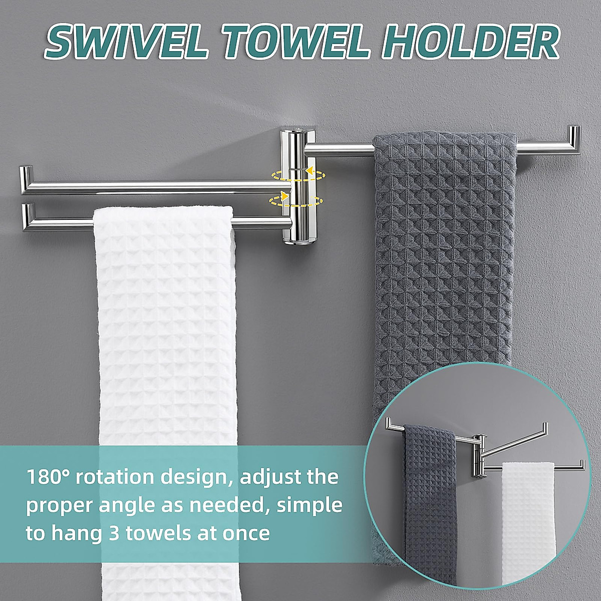 APLusee Polished Chrome Swivel Towel Bar, 304 Stainless Steel Foldable Towel Holder with 3 Arms, Wall Mounted