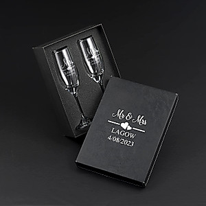 Krezy Case Mr and Mrs Wedding Toasting Champagne Flutes with Box, Set of 2 Glasses With Black Box, Laser engraved Tosting Flutes Engraved Personalized Glasses for Bride and Groom