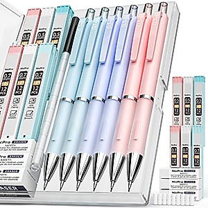 Nicpro 6 PCS Pastel Mechanical Pencil 0.5 & 0.7 mm for School, with 12 tubes HB Lead Refills, 3 Erasers, 9 Eraser Refills For Student Writing,Drawing,Sketching, Blue & Pink & Violet Colors - With Case
