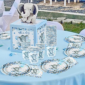 Boy Elephant Baby Shower Decorations Plates - Blue Elephant Plates Disposable Cups,Napkin with Blue flowers for 24 Elephant Theme Party Supplies,Baby Shower Wedding Birthday Party
