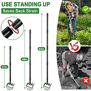 Garden Hoe Cultivator Weeding Tool, Stirrup Hoe Rake with 62" Adjustable Long Handle Stainless Steel Heavy Duty Hula Hoe Tiller for Flower Beds, Patio, Garden Loosening Soil Weeding Digging (Black)