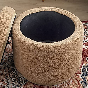 Linon Lexington Tan Sherpa Round Storage Ottoman with Wood Accent