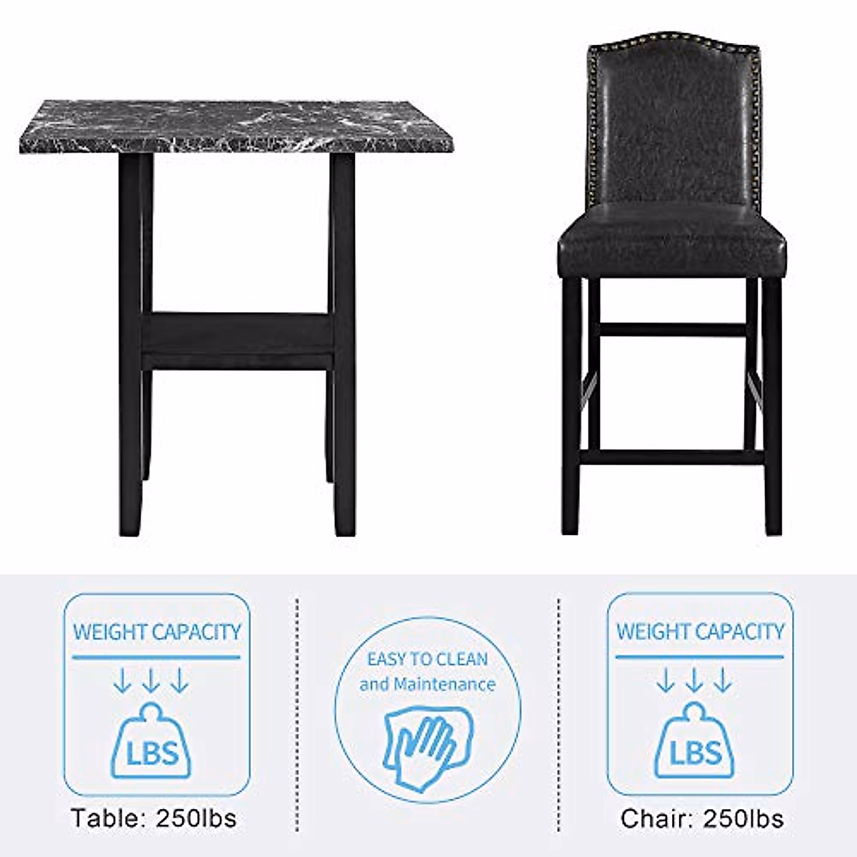 WOZNLA Room 5-Piece Contemporary Set-Includes 4 Comfortable Padded Stylish Faux Marble Top Black Table with Matching Chairs-Modern Addition for Your Home Dining Experience