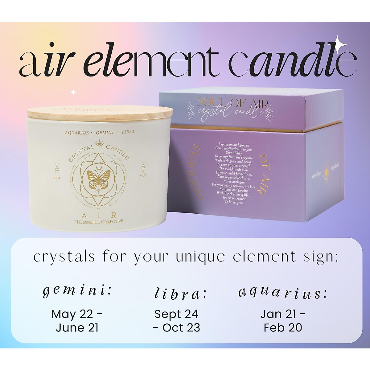 Healing Crystal Candle, 12oz - 3 wick Aquarius, Gemini, Libra Zodiac Candles with Crystals Inside. Zodiac Gifts for Women, Real Crystals and Healing Stones Manifestation Candle, Meditation Candle