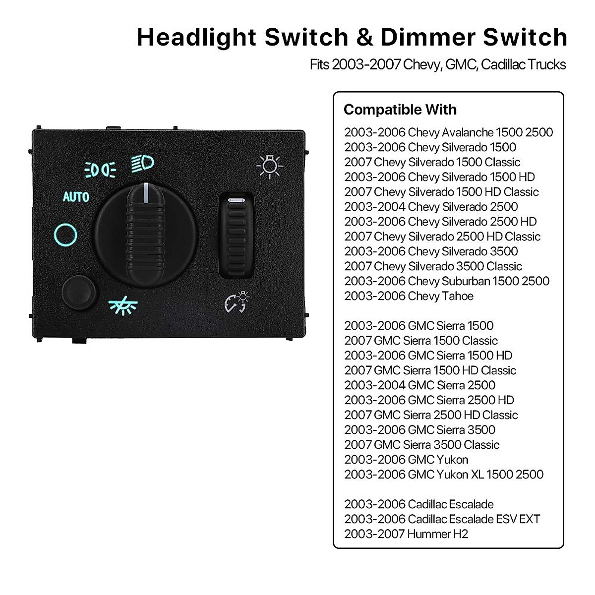 Headlight Switch Headlamp Dimmer Switch - Compatible with 2003-2006 Chevy Silverado, Suburban, Tahoe, GMC Sierra, Yukon, Cadillac Escalade - Replace D1595G, 19381535, 15194803, 1S8489