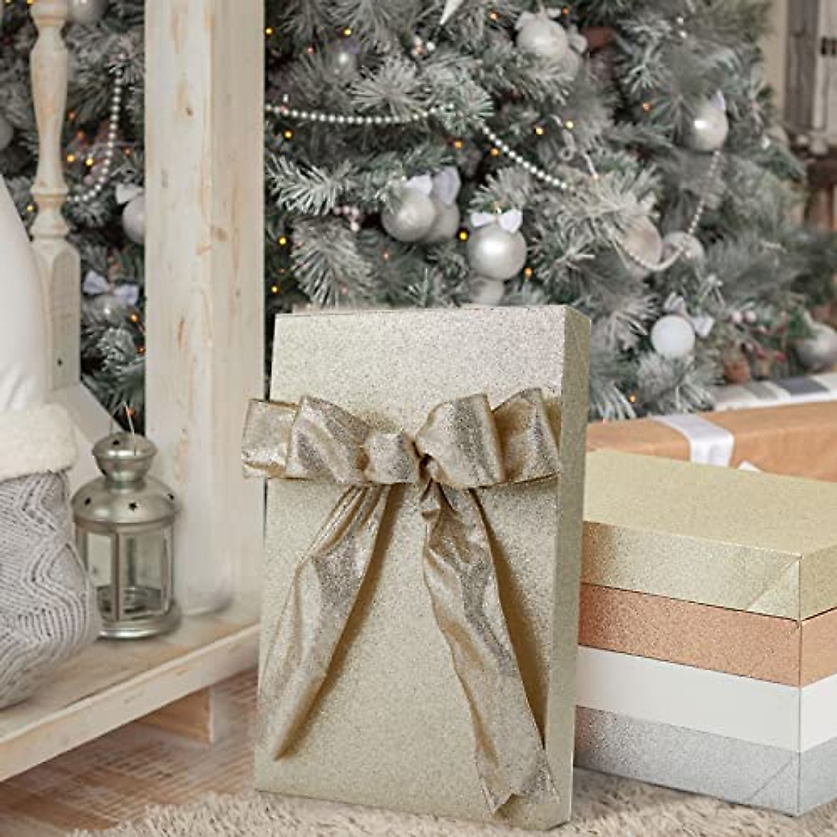 UNIQOOO 12Pcs Luxurious Gold, Silver, Rose Gold, White Christmas Shirt Boxes, High Shine, Embossed Glitter Gift Boxes with Lid For Clothing, Holiday Party, Apparel Gift Wrap Packaging, 14.5x9.5x2 Inch