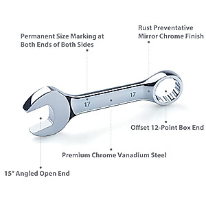 Premium Stubby Combination Wrench Set with Roll-up Pouch, 12-Piece, Metric, 8mm to 19mm, No Skipped Size | Cr-V Steel, Mirror Polished Finish | Short Length and Slim Body, Perfect for Confined Areas