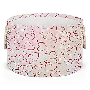 Red Valentines Day Love Heart (6) Large Round Baskets for Storage Laundry Baskets with Handles Blanket Storage Basket for Bathroom Shelves Bins for Organizing Nursery Hamper Girl Boy