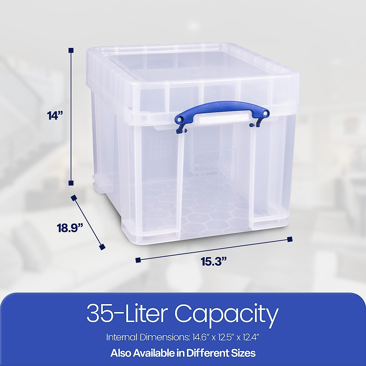 Really Useful Box 35 Liters Transparent Storage Container with Snap Lid and Clip Lock Handle for Lidded Home and Item Storage Bin