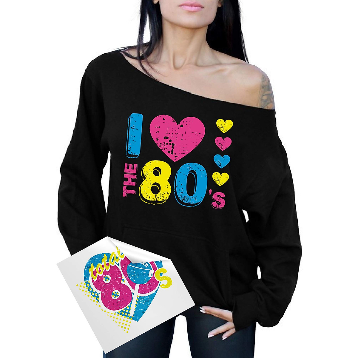 Awkward Styles Women's I Love The 80's Off The Shoulder Sweatshirt for 80's Fans + Sticker Gift (XL, Black)