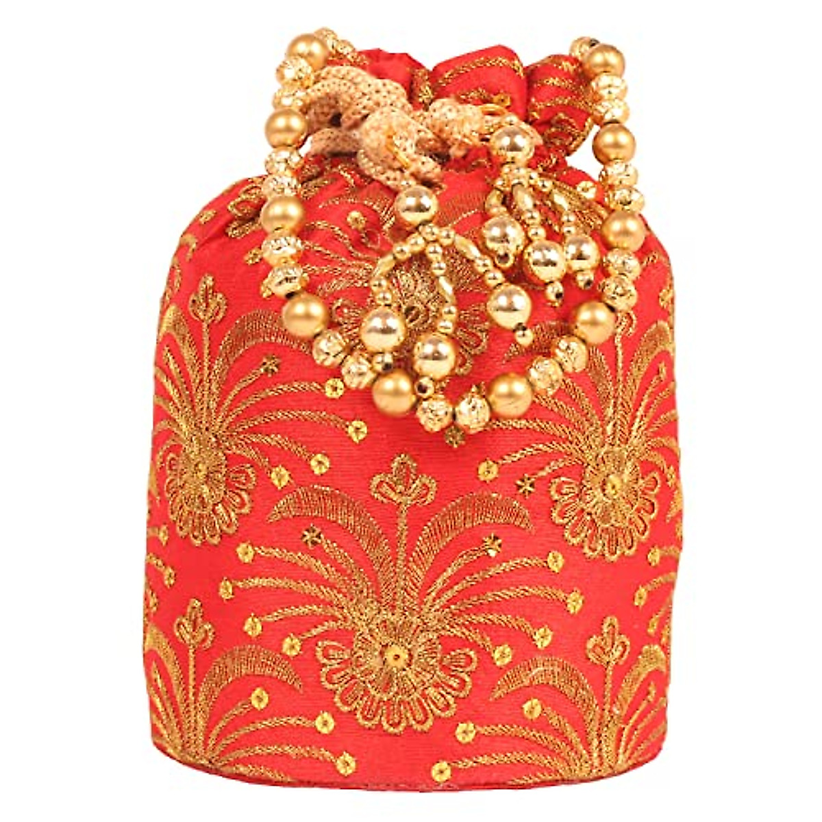 Indtresor beaded handcrafted embroidered evening purse drawstring handbag vintage party wedding gift for women. Red Gold