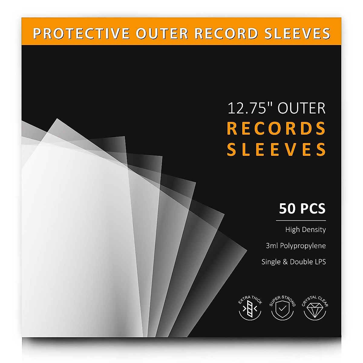 Vinyl Record Outer Sleeves 12 inch, 50 Durable & Crystal Clear Record Sleeves- 12.75'' x 12.75'' Album Covers for Vinyl Records, 3mil Thick Outer Plastic Sleeves for Single & Double LPs Albums