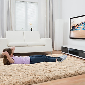 Toneed Fluffy Area Rug for Bedroom Living Room, 6 x 9 Feet Beige Shaggy Rug Super Soft Modern Indoor Rug Fuzzy Plush Carpet for Dorm Nursery Kids Room Home Decorative