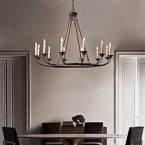 LOVEDIMA Vintage Flaxen Hemp Rope andMetal 12-Light Rustic Round Candelabra Chandelier in Rust
