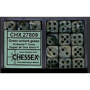 Chessex Dice d6 Sets: Marble Green Swirl with Dark Green Pips - 12mm Six Sided Die (36) Block of Dice