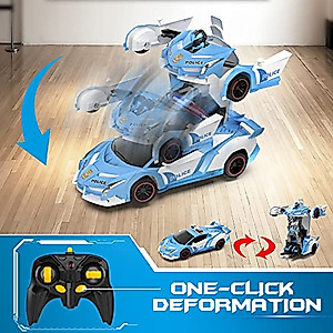 FDJ RC Cars - Transform Remote Control Car, 2.4Ghz 1:18 Scale Transforming Police Car Toy with Flashing Light, One Button Deformation 360 Degree Rotating Drifting Kids Toys Car for Boys Age 4-7 8-12