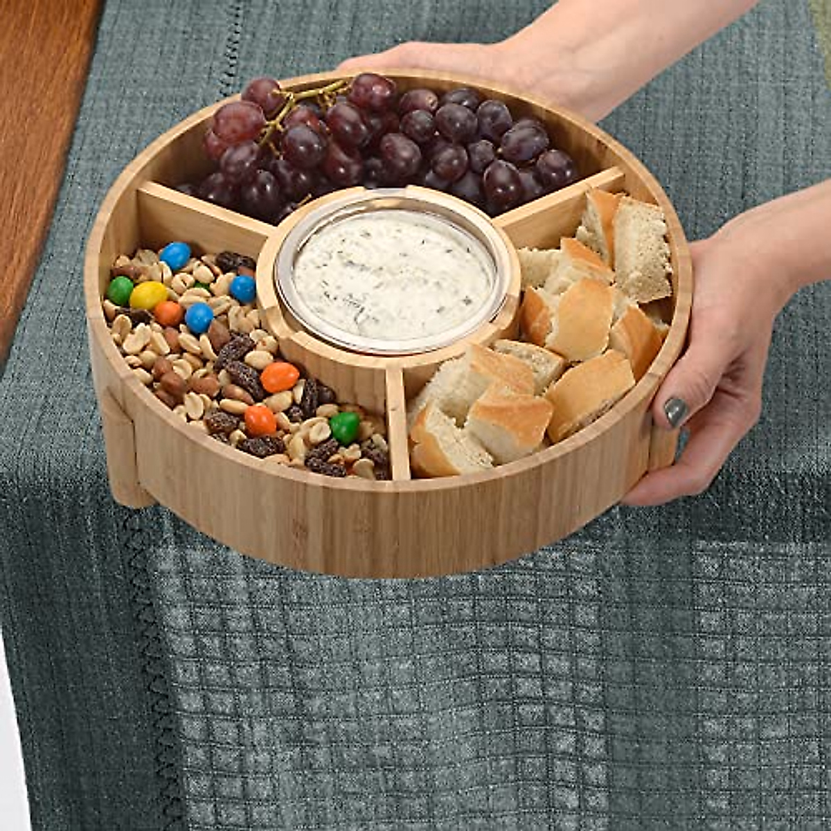 MobileVision Bamboo Serving Platter for Entertaining, Four Compartments & Easy Carrying Design, Chips, Fruits, Vegetables, Dips, Nuts, Bread and more