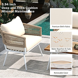 4-Piece Rope Patio Furniture Set, Outdoor Sofa with Acacia Wood Coffee Table, Patio Conversation Set with Deep Seating & Thick Cushion for Backyard Porch Balcony, Beige
