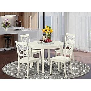 East West Furniture BOST5-WHI-W 5 Piece Modern Dining Table Set Includes a Round Kitchen Table and 4 Kitchen Dining Chairs, 42x42 Inch, Linen White