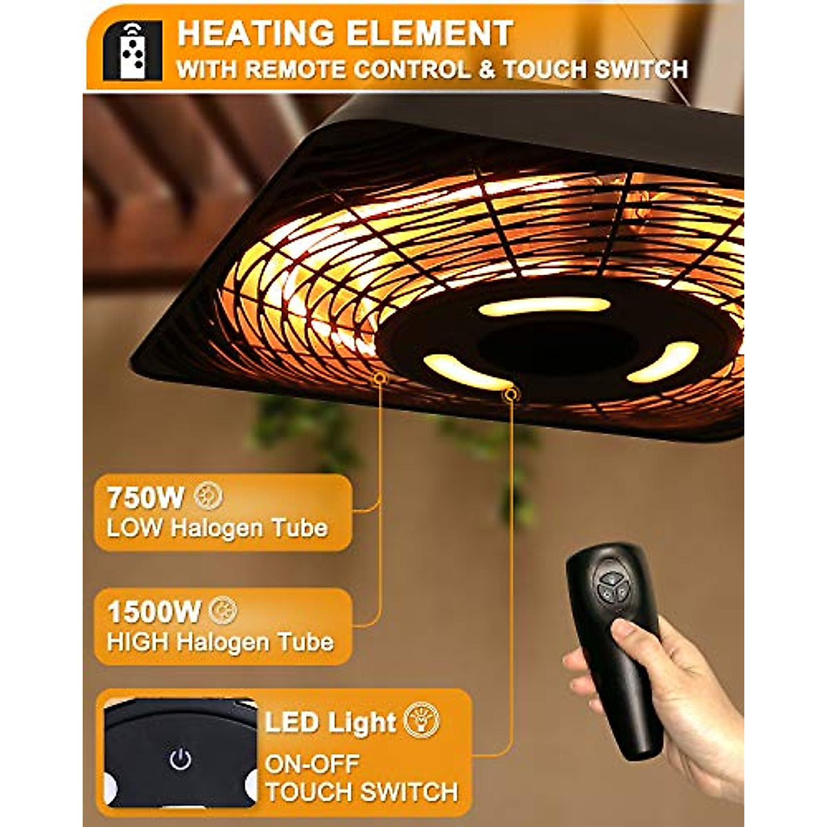 Star Patio Electric Patio Heater, Outdoor Heater with Remote and Touch Switch, 750W/1500W Infrared Heater with SQUARE SHAPE Black Finish, Modern Hanging Heater, IP45 Waterproof, STP1568-RMLED-SQ